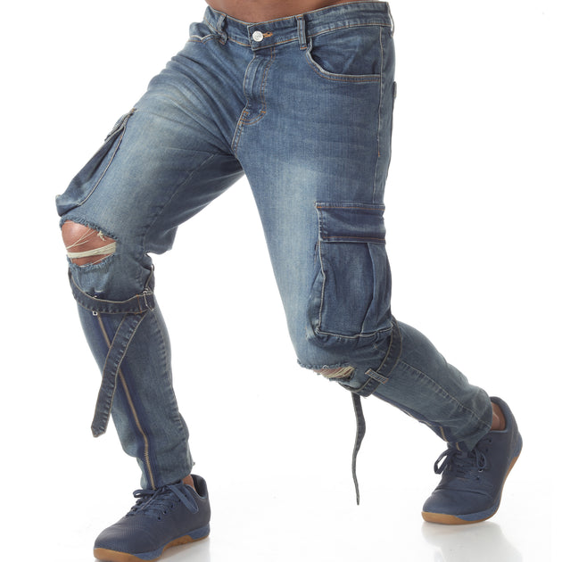 Medium Blue Wash Fashion Jeans With Zip and Cargo Pockets – Young Republic